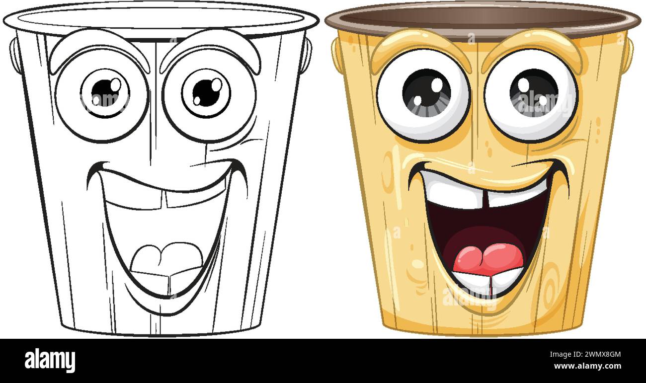 Two smiling animated trash bins, one colored, one outlined Stock Vector ...