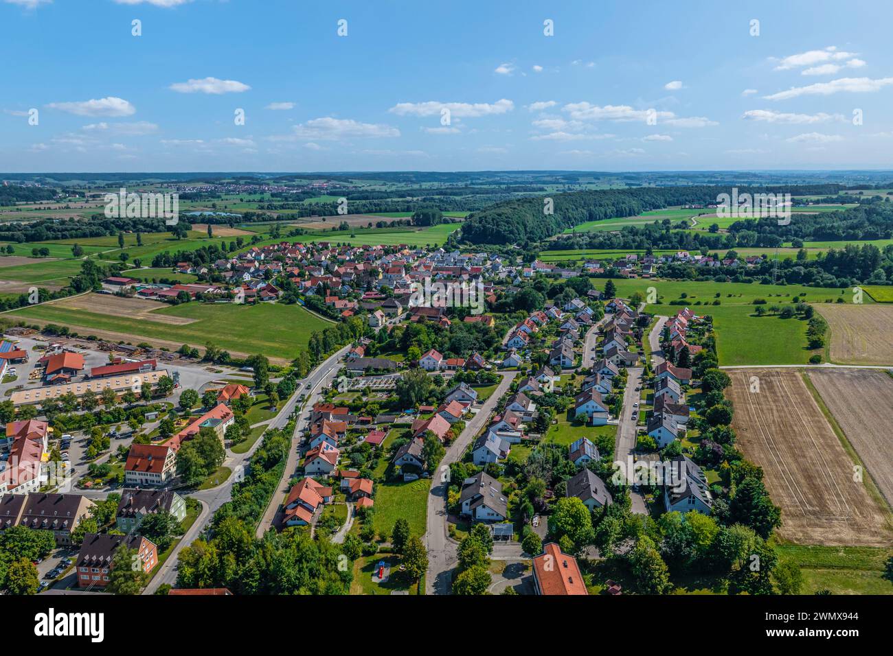 Aerial view to the village and monastry of Ursberg near Thannhausen in ...