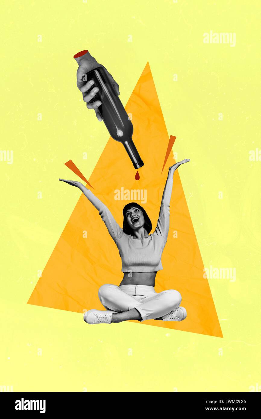 Vertical creative collage poster young carefree drunk girl alcohol ...