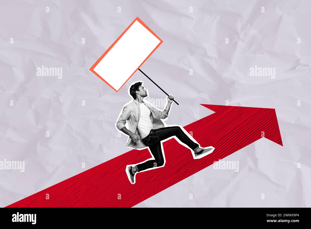 Collage image artwork of confident man holding stick placard empty ...