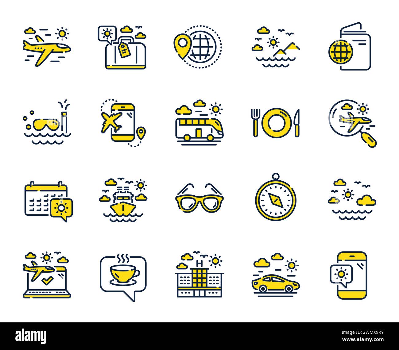 Travel line icons. Set of Passport, Luggage and Check in airport ...