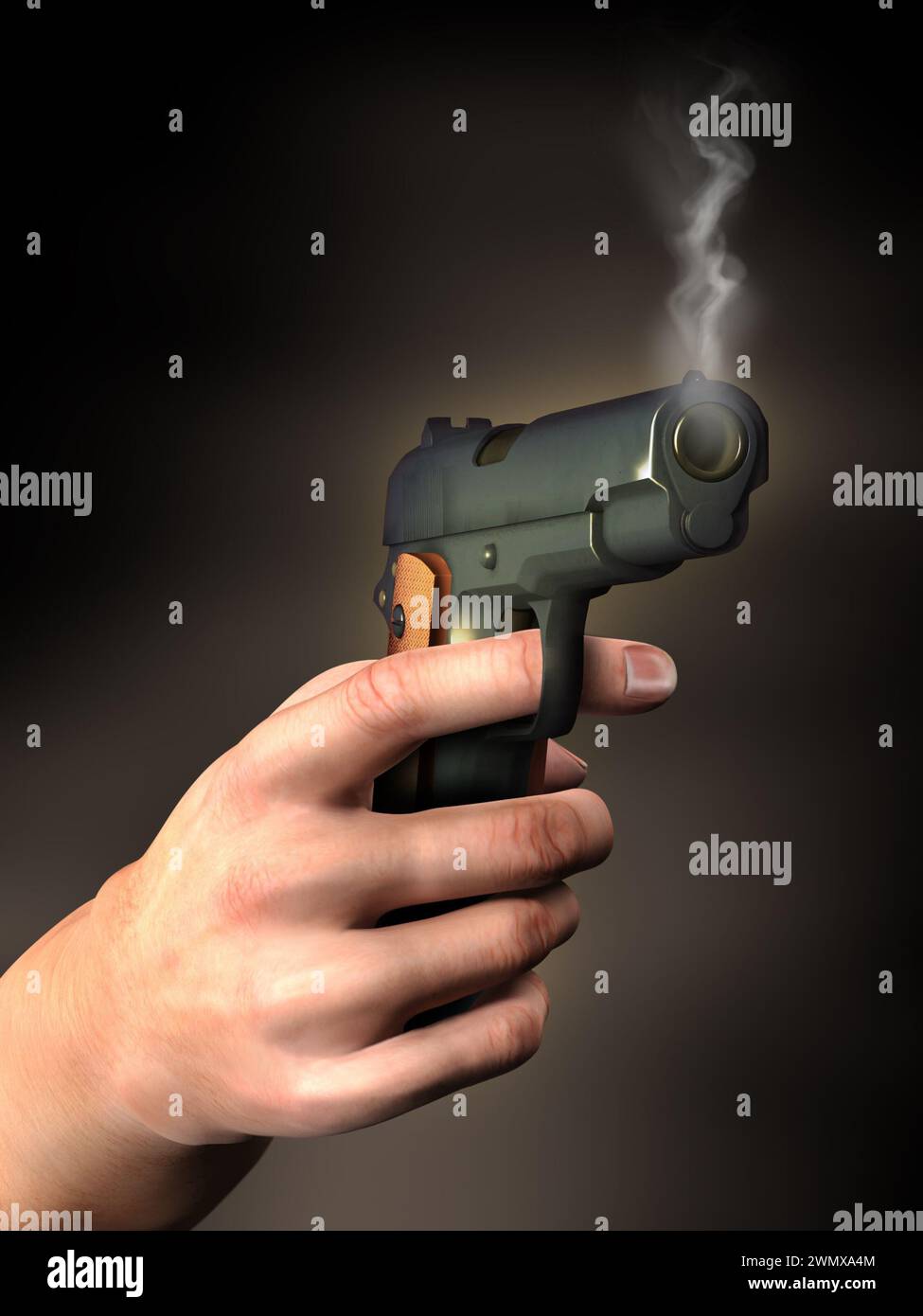 Smoking gun held by a male hand. Digital illustration, clipping path ...