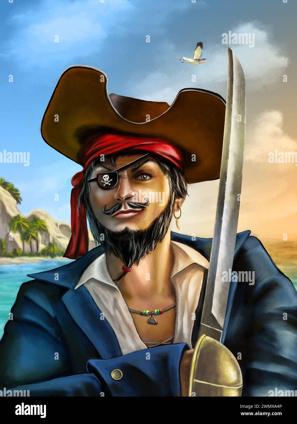 Portrait of a male pirate on a seascape at sunset. Digital hand painted ...