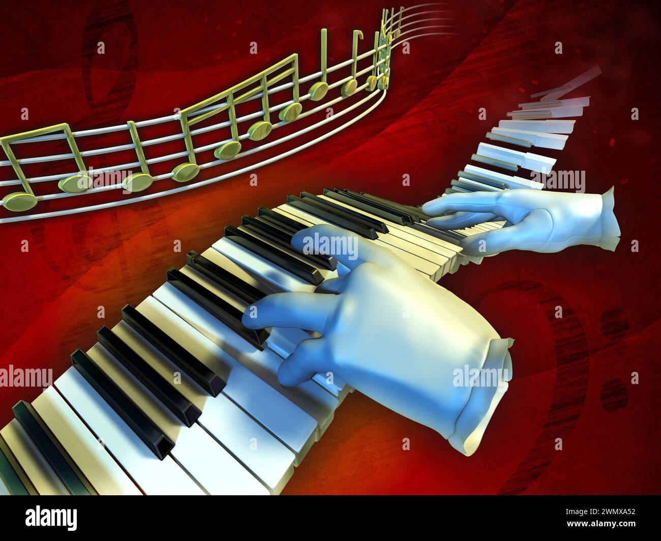 A pair of gloves playing music on a floating piano keyboard. Digital ...