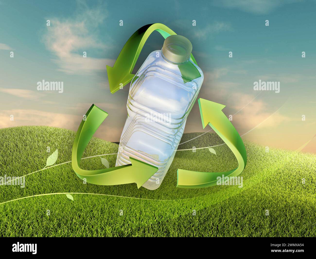 Landscape with a plastic bottle in a recycle sign. Digital illustration ...