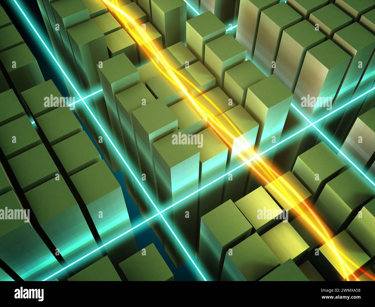 High technology background. Orange and blue energy streams flowing ...