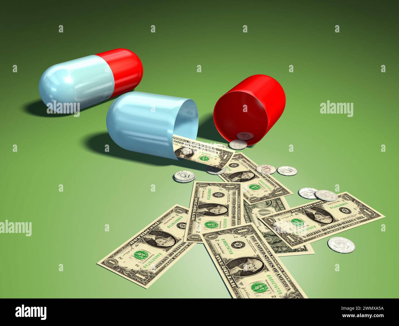 Money coming out of an open capsule. Digital illustration Stock Photo ...