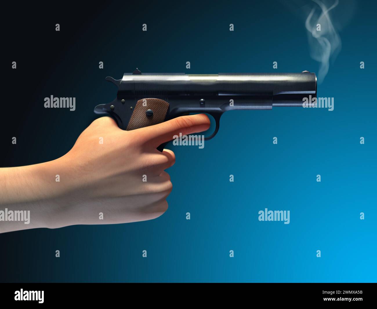 Smoking gun held by a male hand. Digital illustration, clipping path ...