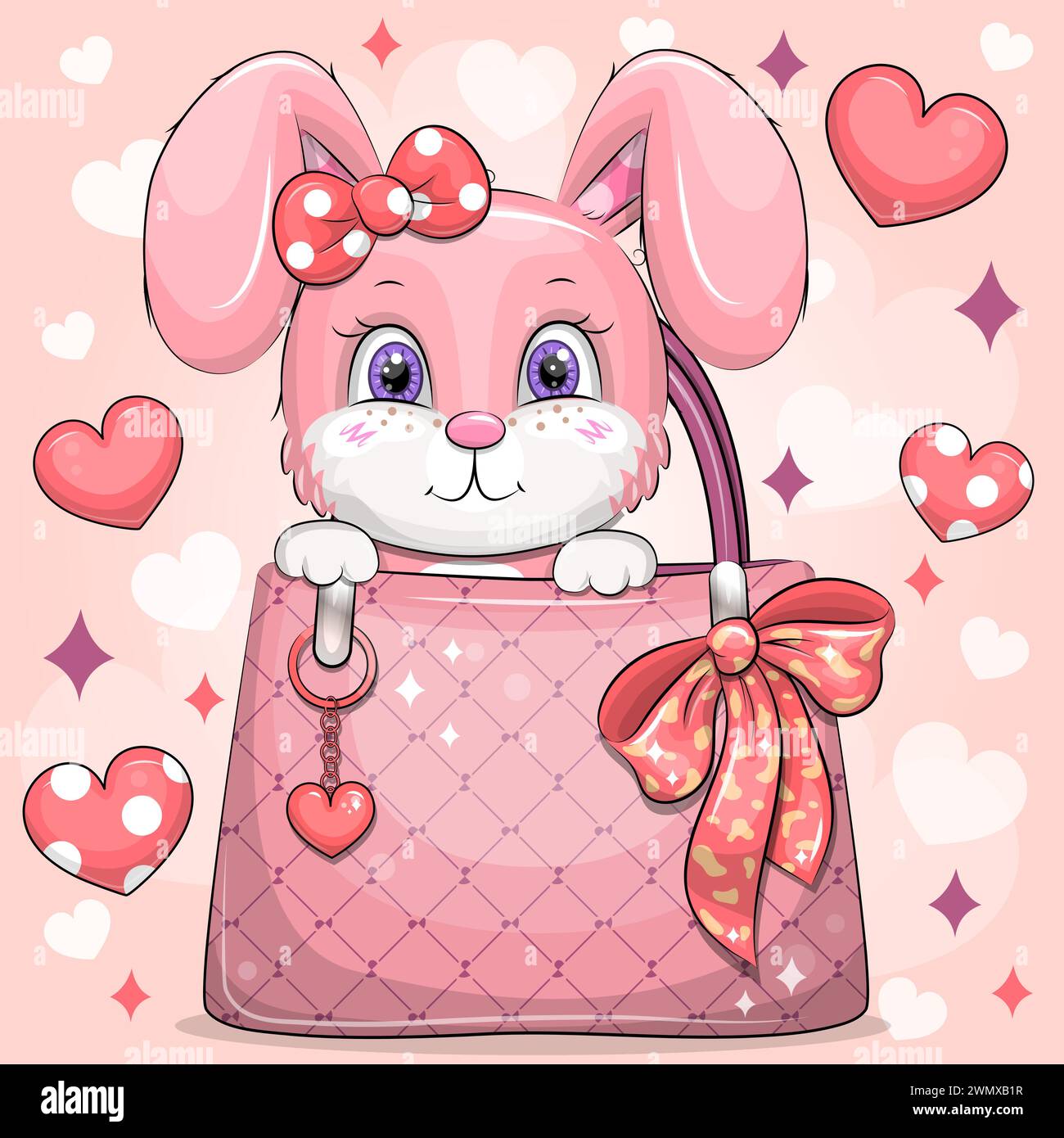 Cute cartoon rabbit with a hair bow in a woman's bag. Vector ...