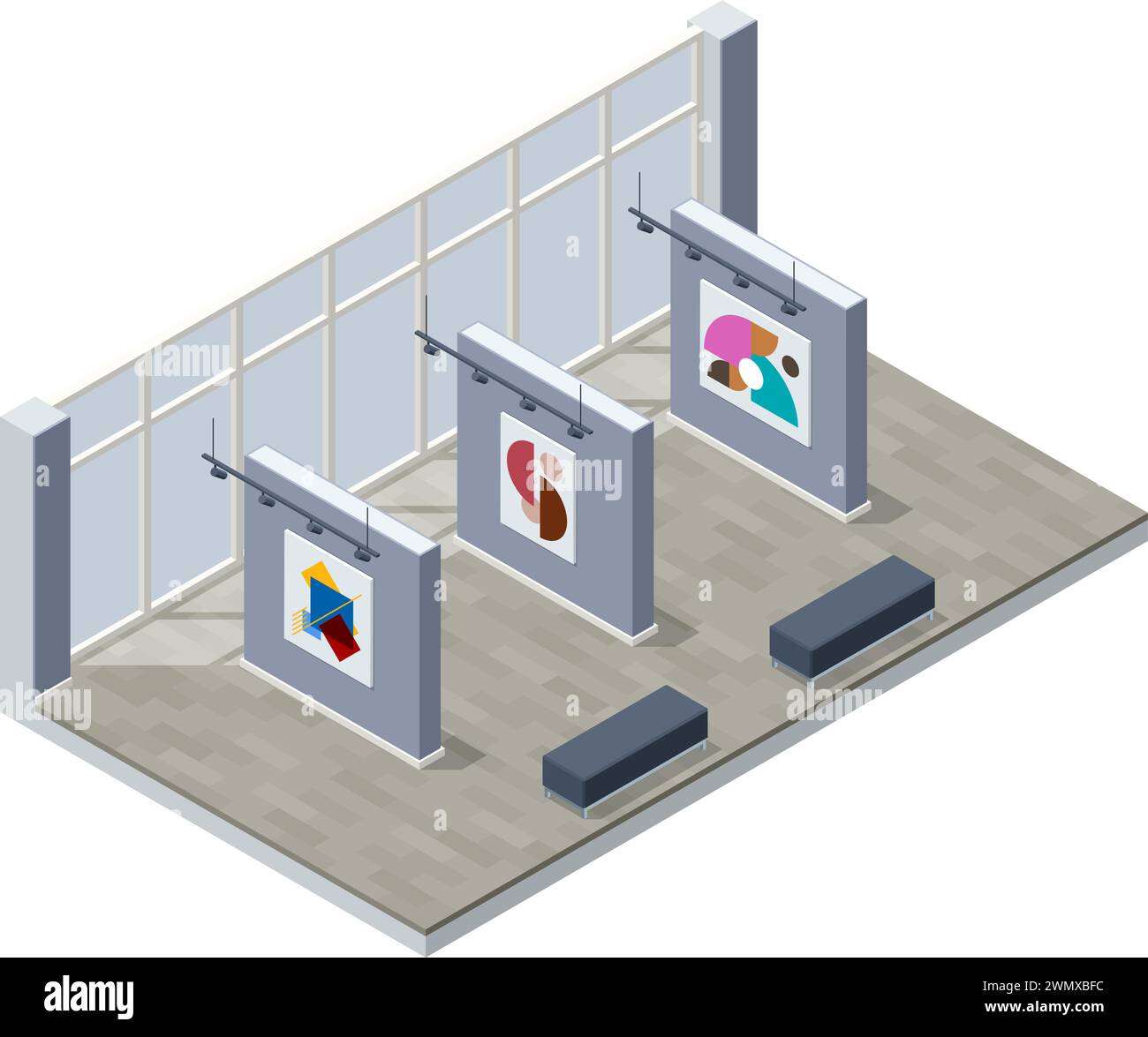Isometric Interior of the Modern Art, an art museum. Room in museum ...