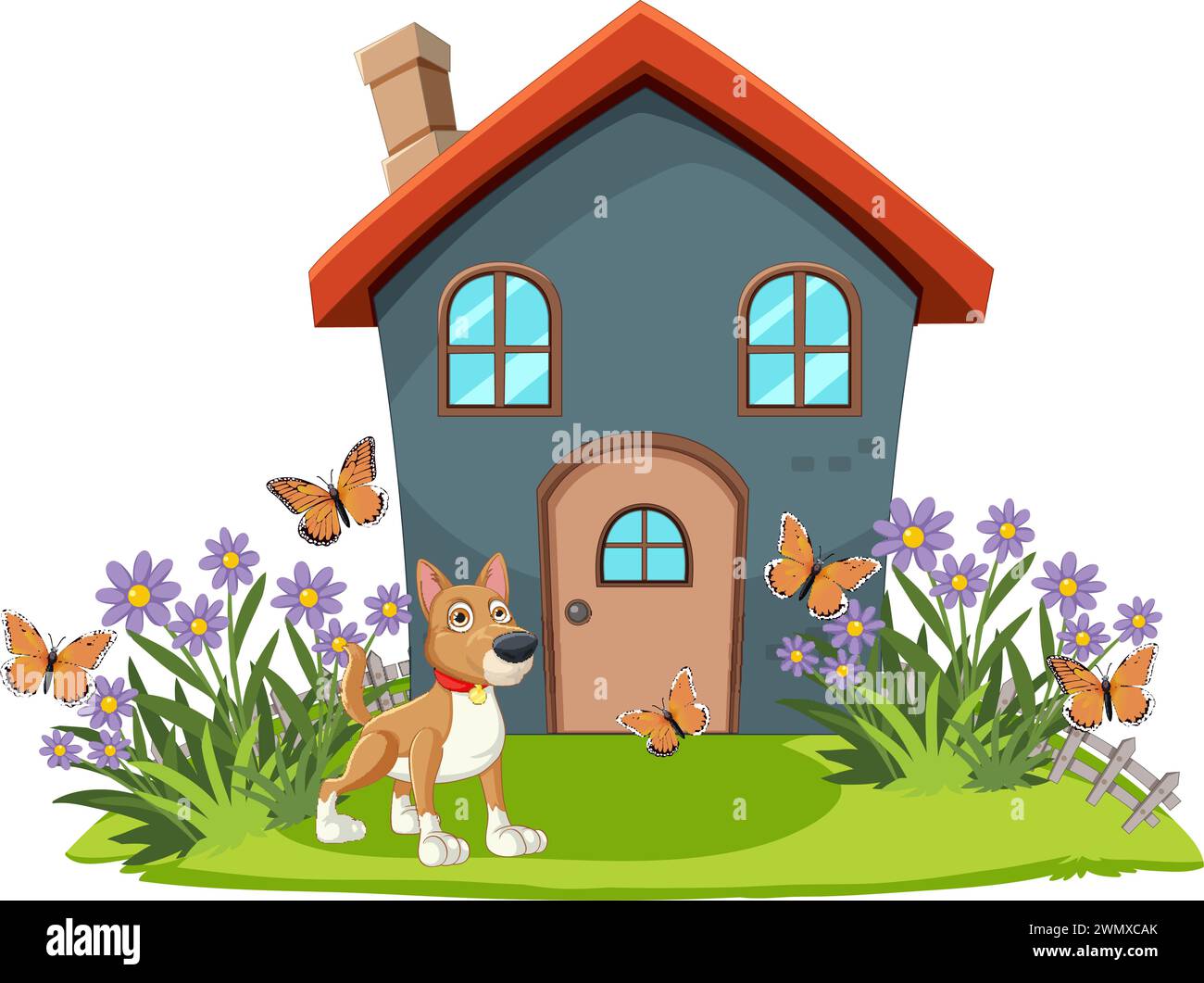 Cartoon dog outside a blue house with butterflies Stock Vector Image ...