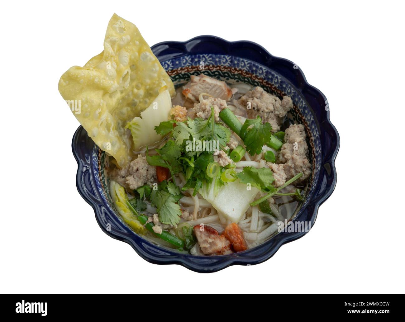 Rice stick noodles soup topped with Minced pork, Crispy pork, Fried ...