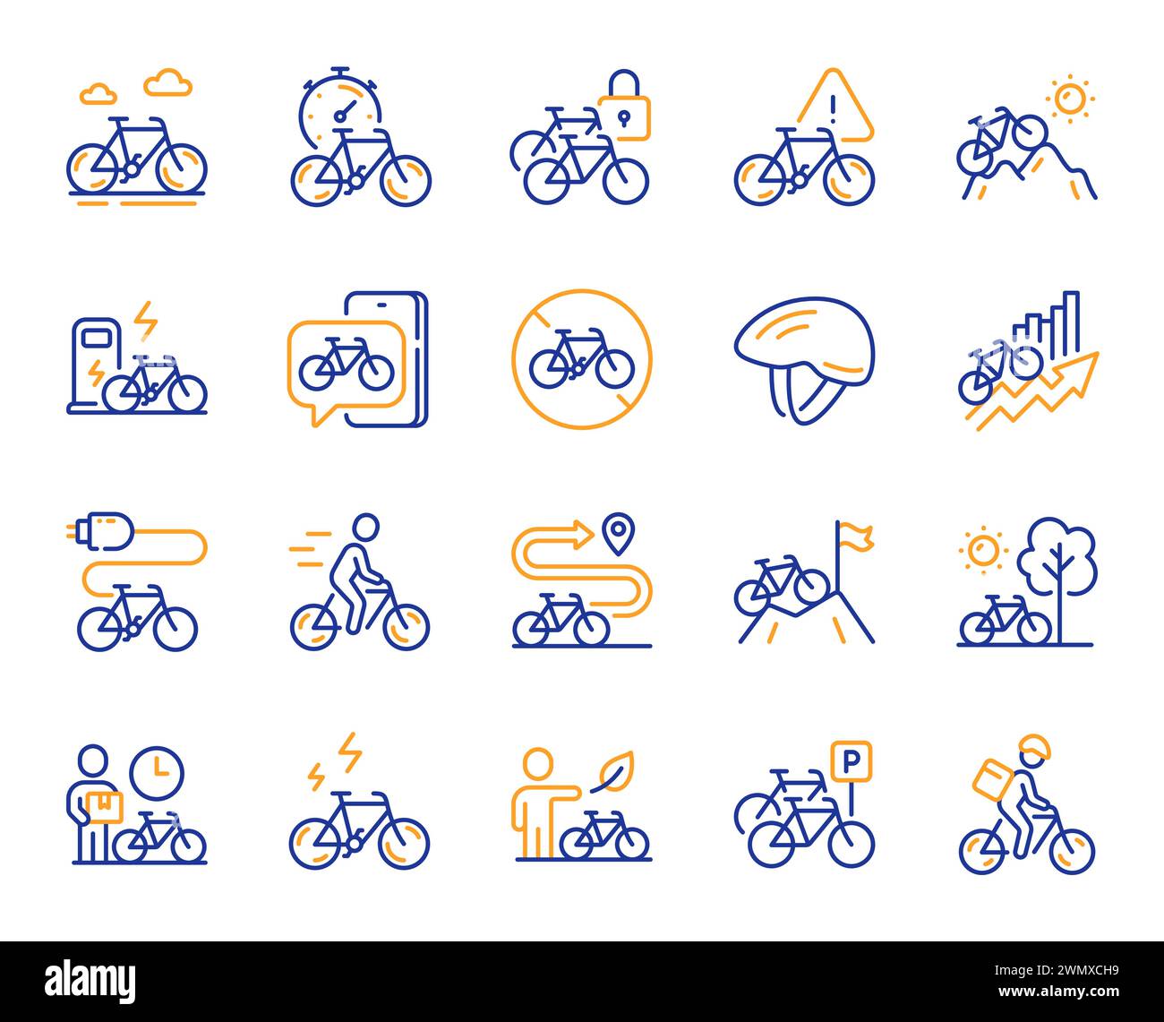 Bicycle line icons. Mountain bike, Travel bicycle and Electric ...