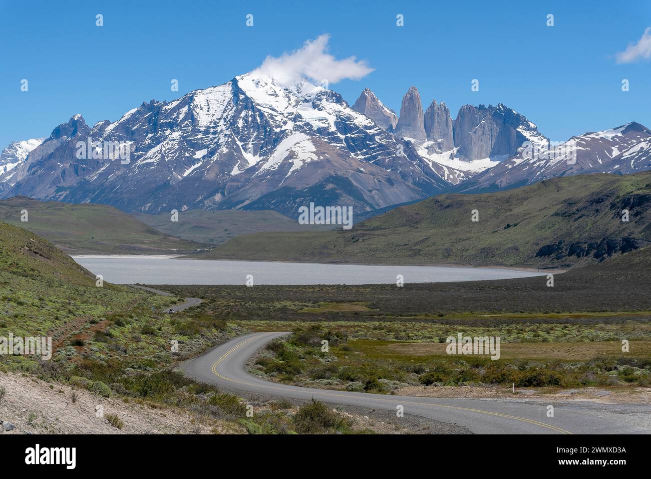Winding road to the park entrance, Torres del Paine National Park ...