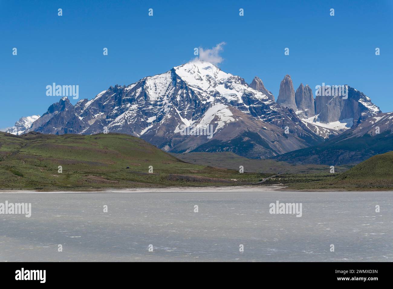 Lake in front of the foothills of the Andes, mountain range, Torres del ...