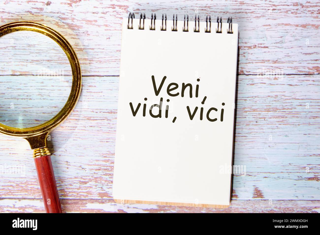Latin Veni Vidi Vici (I came, I saw, I won) it is written on the page ...