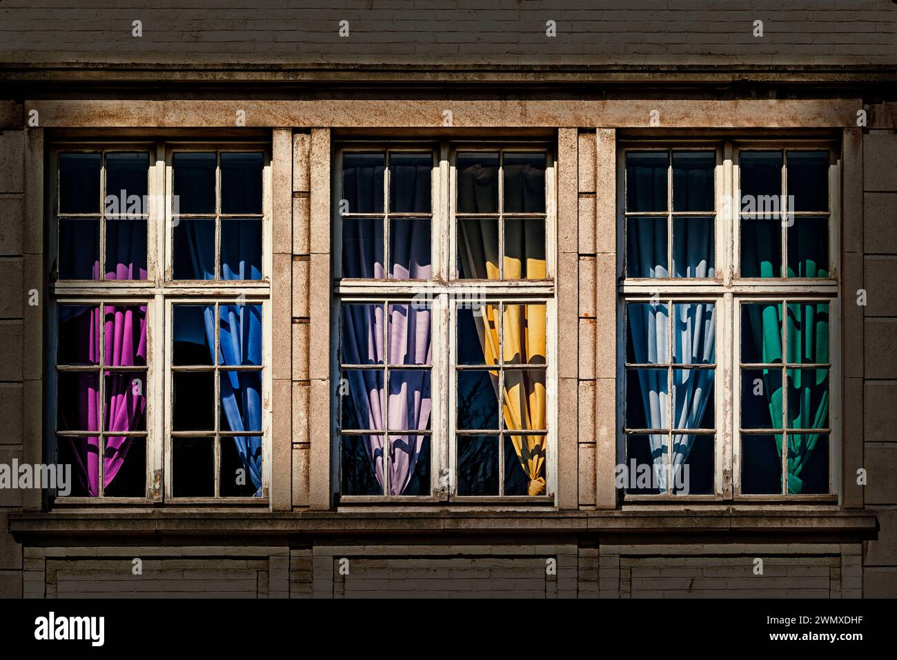 Window with curtains in primary colours, colour design, printing ...