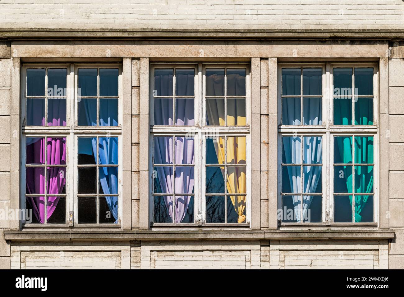 Window with curtains in primary colours, colour design, printing ...