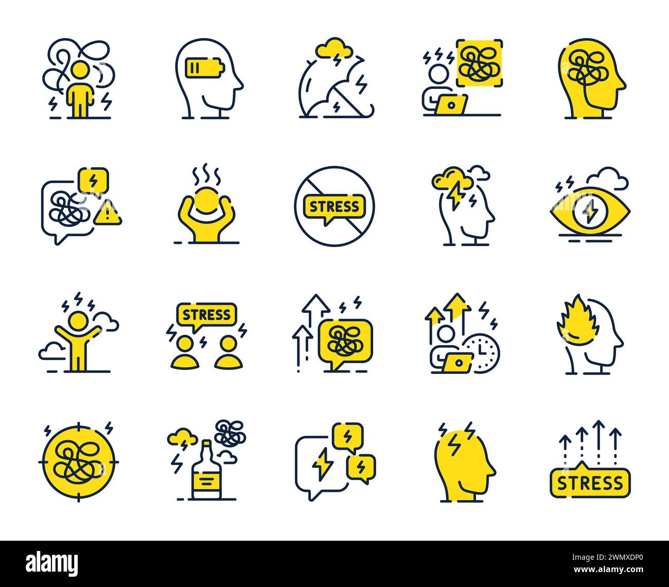 Stress line icons. Mental health, depression and confusion thoughts ...