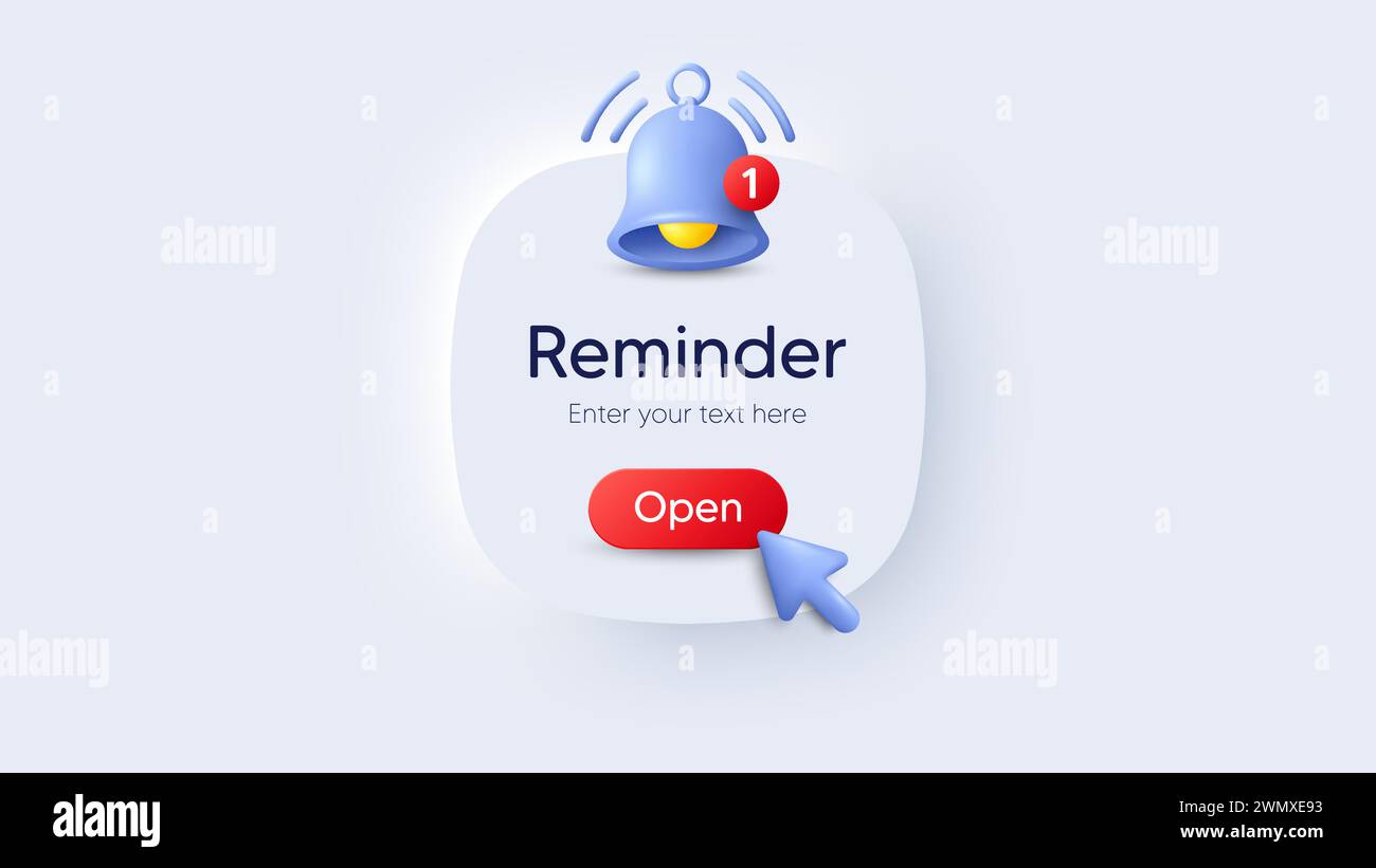 Reminder 3d notifications page with alert bell. Calendar event notice ...