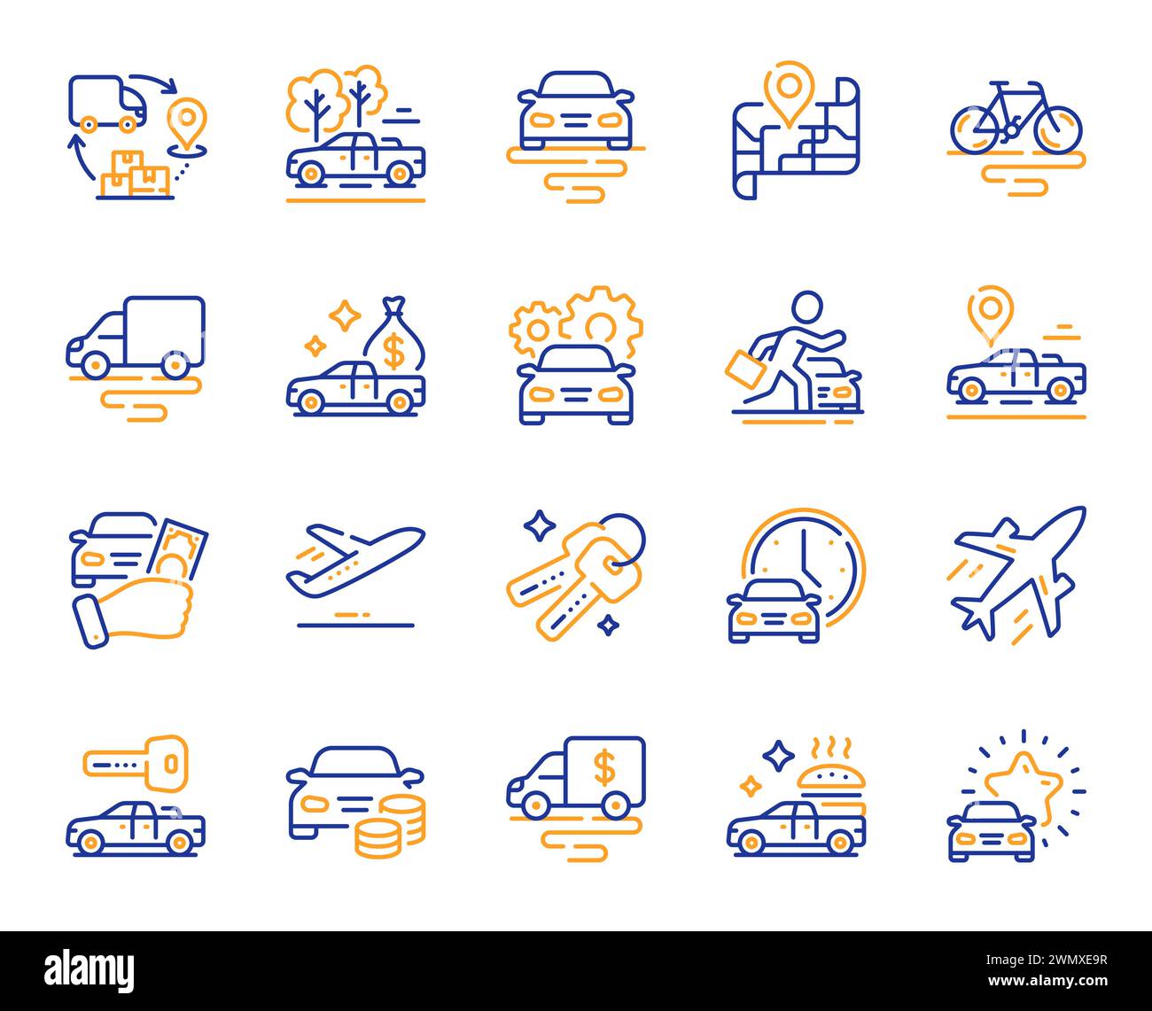 Transport line icons. Car vehicle, Flight plane and Mountain bike set ...