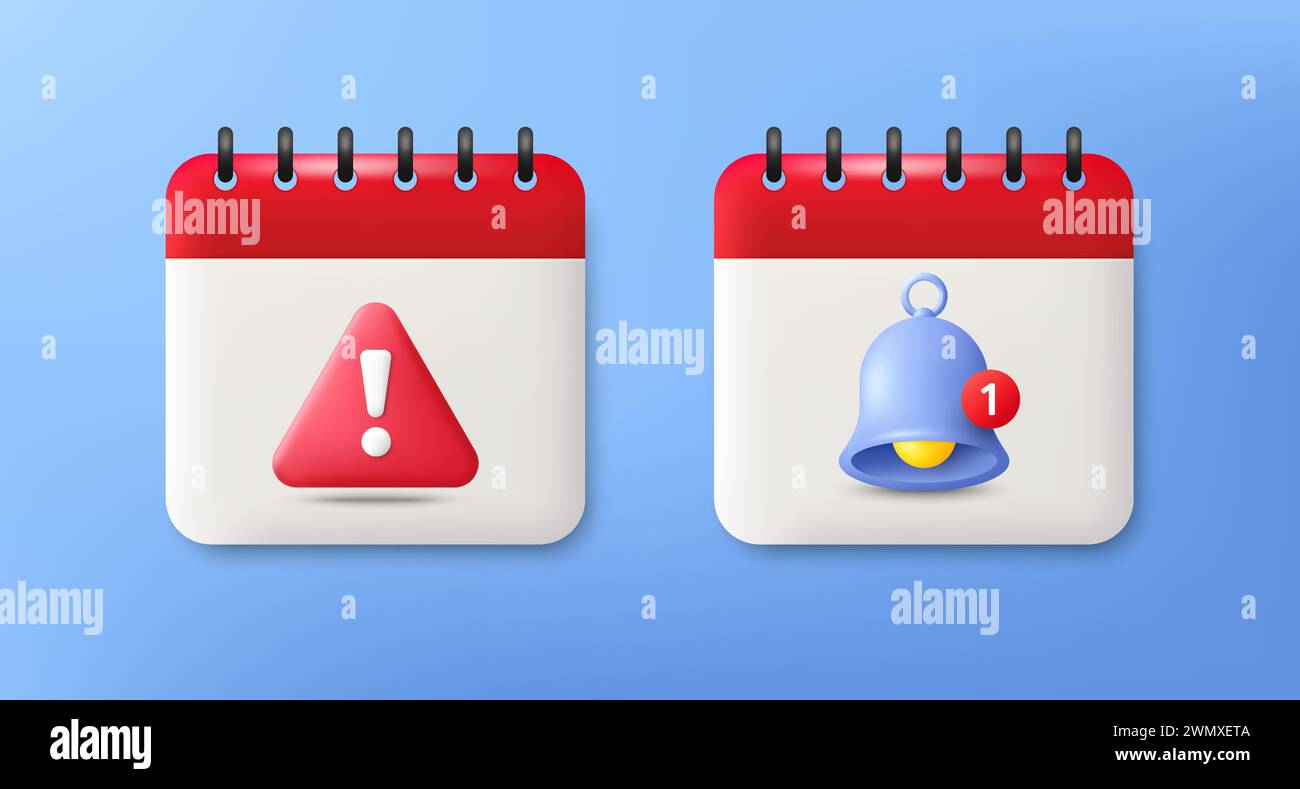 3d calendar icons with danger alert and bell notice signs. Event ...