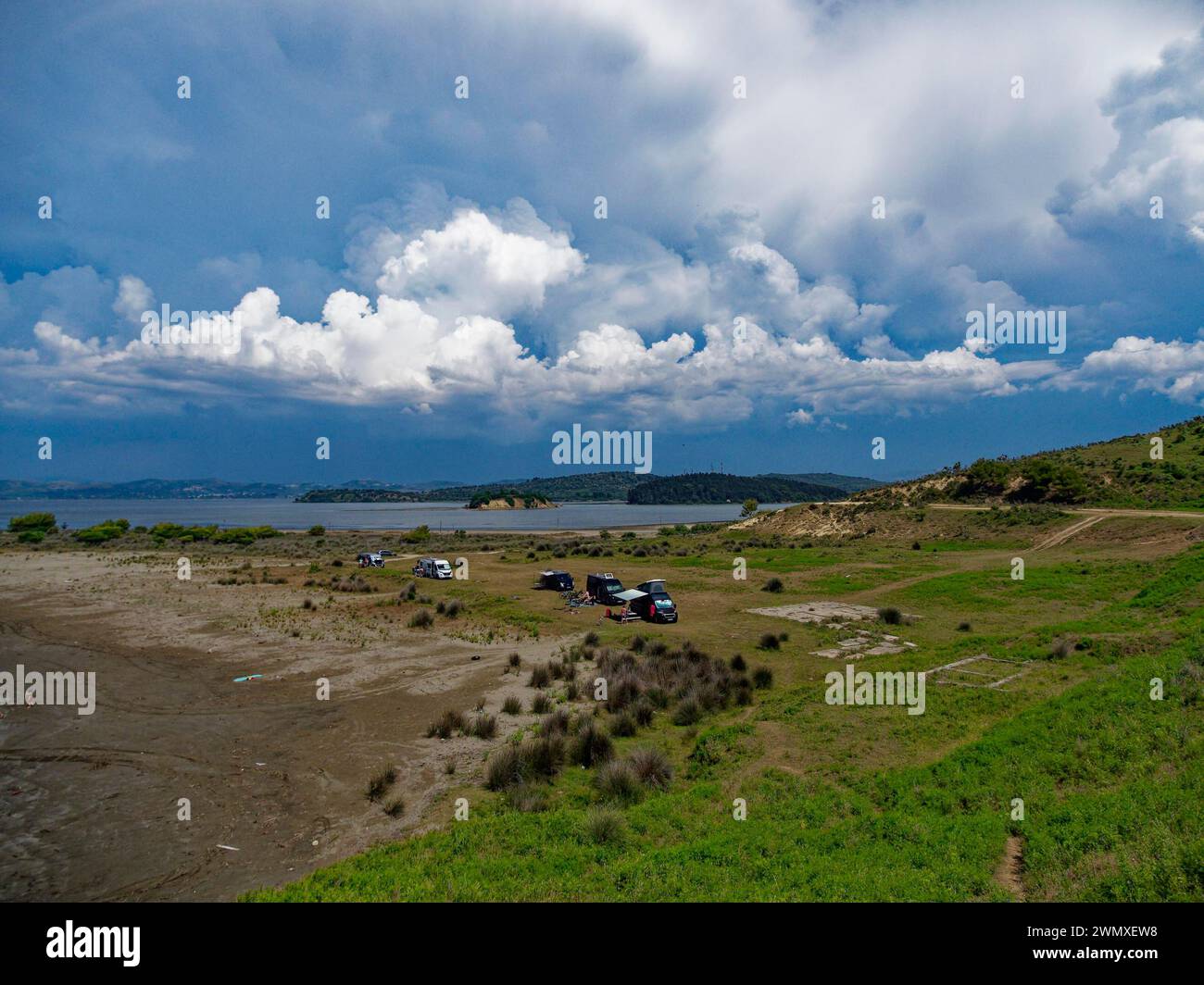 Landscape near Vlore, motorhomes on Dalan Beach, Albania Stock Photo ...