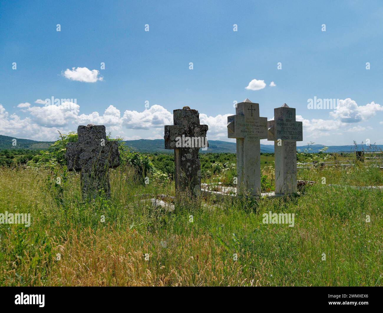 Stone crosses at the Hram Svete Trojice cemetery, Bosnia and ...