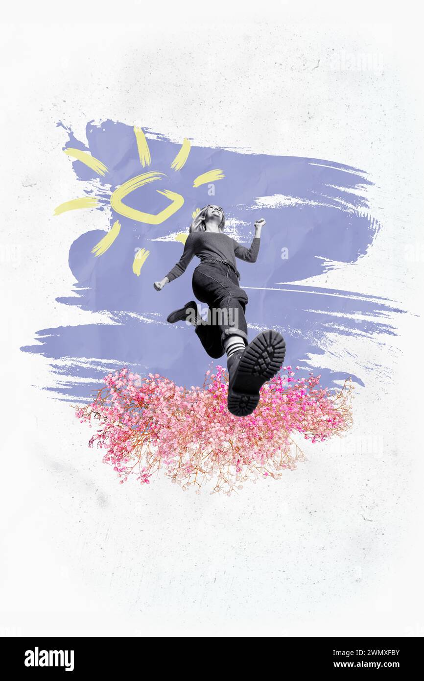 Vertical collage of excited black white colors girl jump run above ...