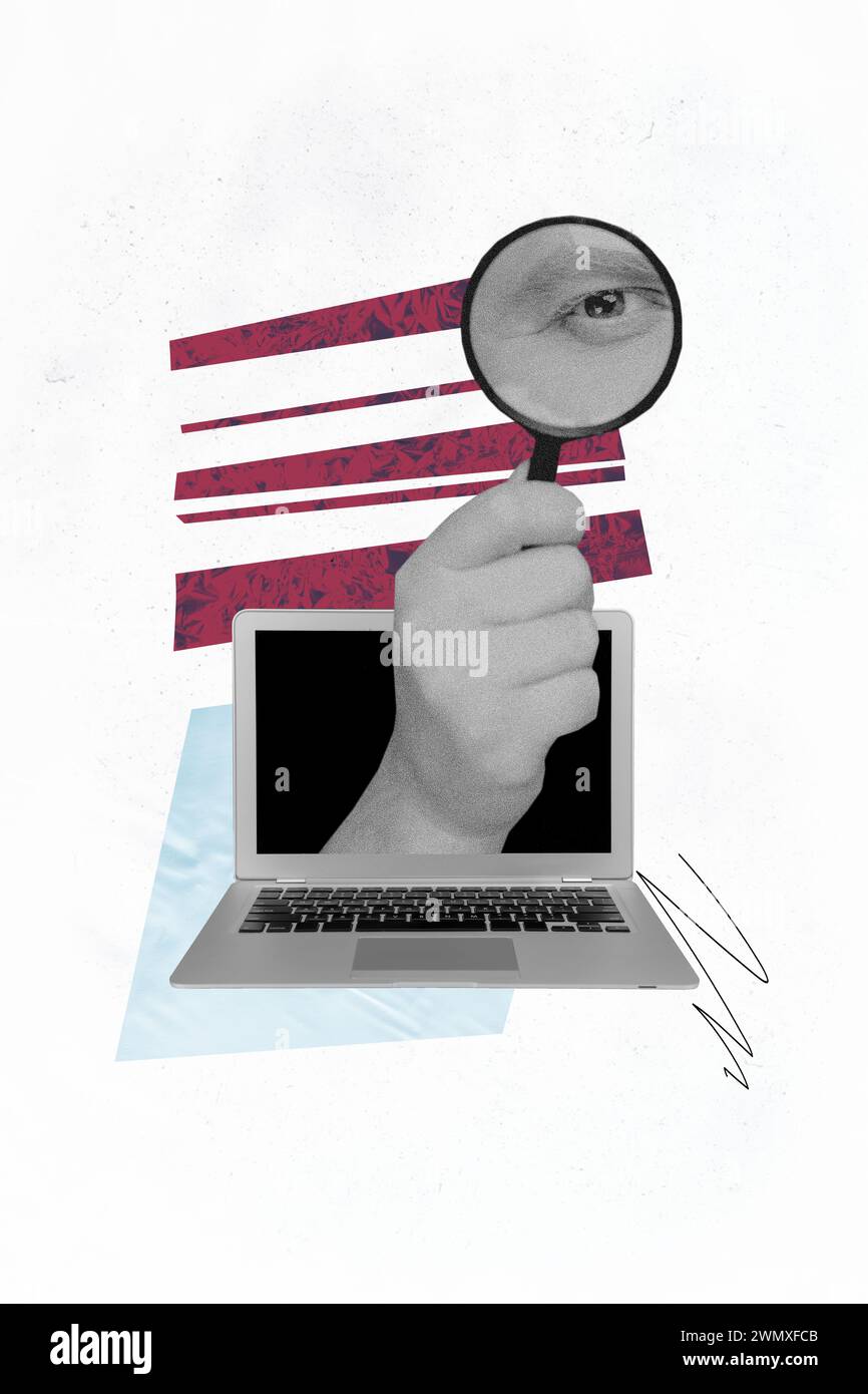 Vertical graphics collage image of hand hold magnifier eye laptop ...