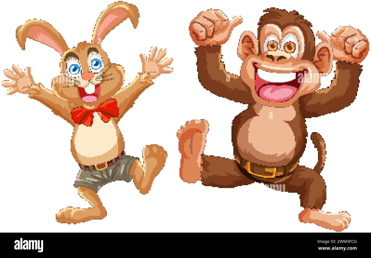 Animated rabbit and monkey celebrating with excitement Stock Vector ...