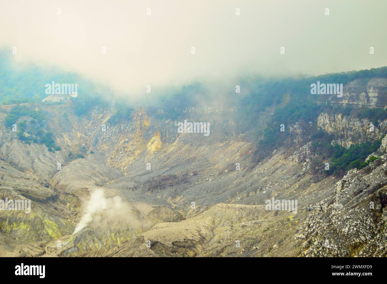 Misty volcanic landscape with a mix of ash and sulfur deposits on rocky ...