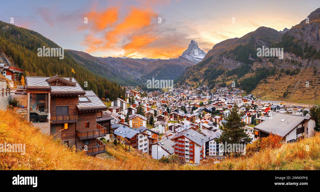 Zermatt, Switzerland Alpine Village with the Matterhorn at dusk Stock ...