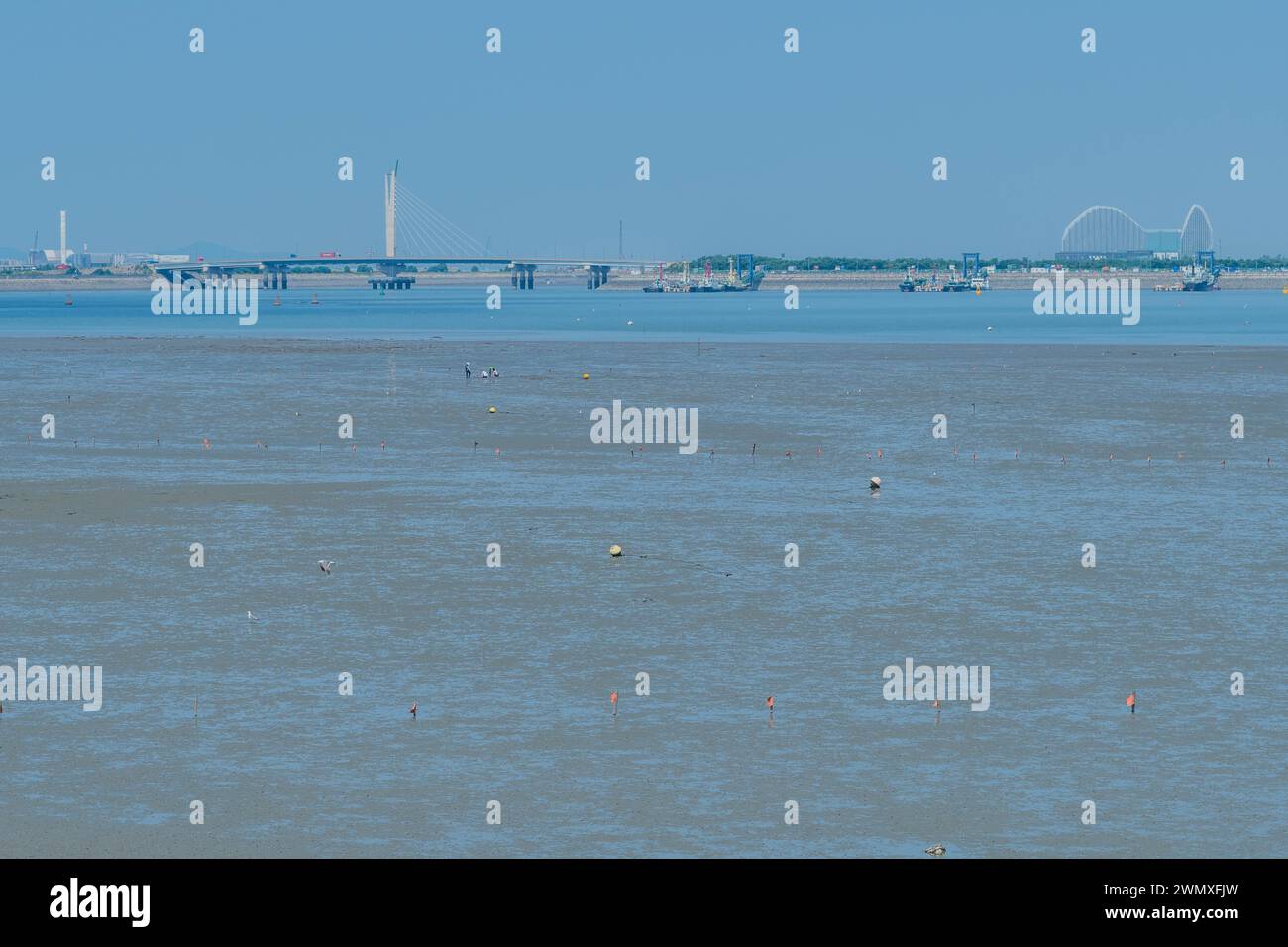 Oido port at low tide with bridge and barges in background in South ...