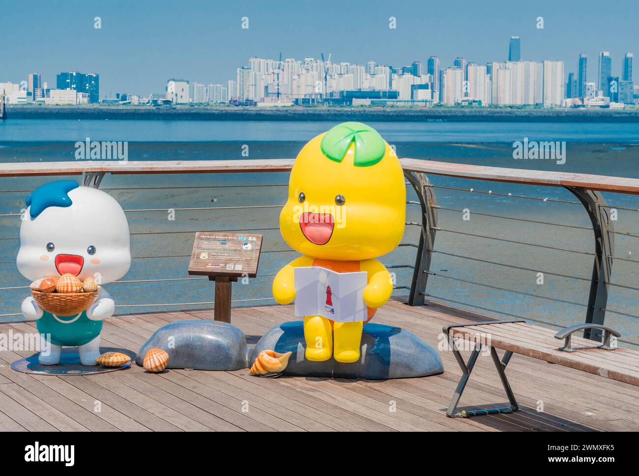 Korean cartoon characters Haero and Toro on wooden deck at Oido Port in ...
