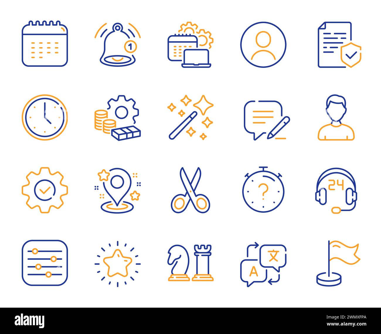 Business line icons. Language translate, Chess strategy and Notice ...