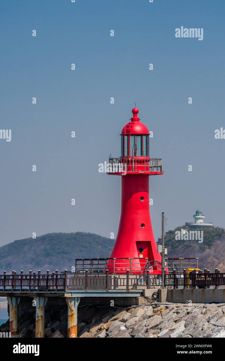 Red lighthouse on pier at Gungpyeong Hang port in Pyeongtaek, South ...