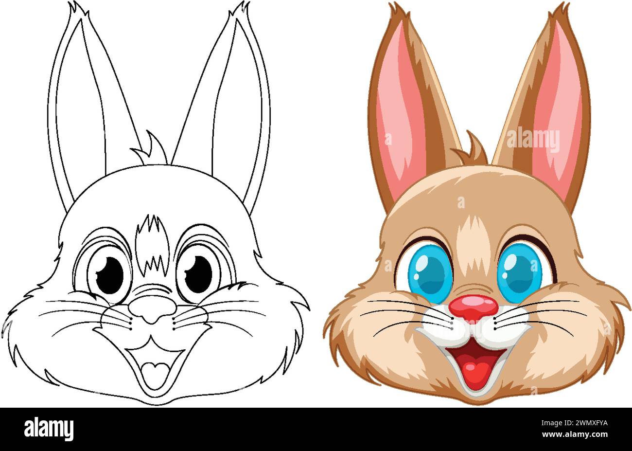 "Vector illustration of a rabbit, before and after coloring Stock ...