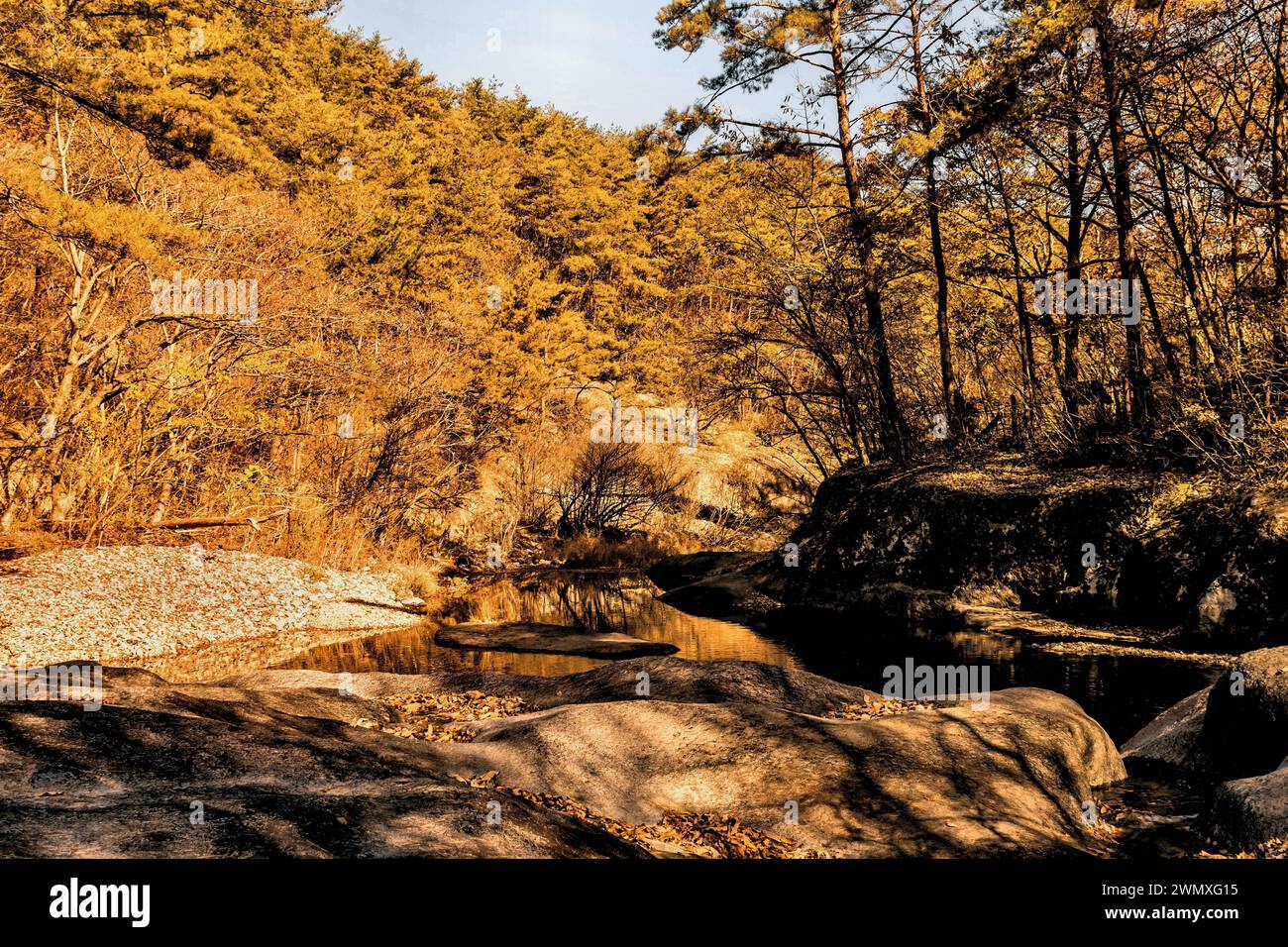 Pool of water from mountain stream in wilderness park, in South Korea ...