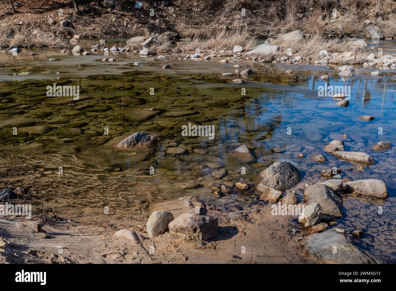 Clean, clear river in rural park with stones visible on riverbed, in ...