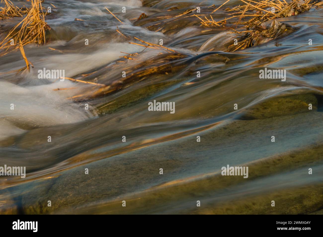 Extreme close up of water flowing over some rocks with brown grass in ...