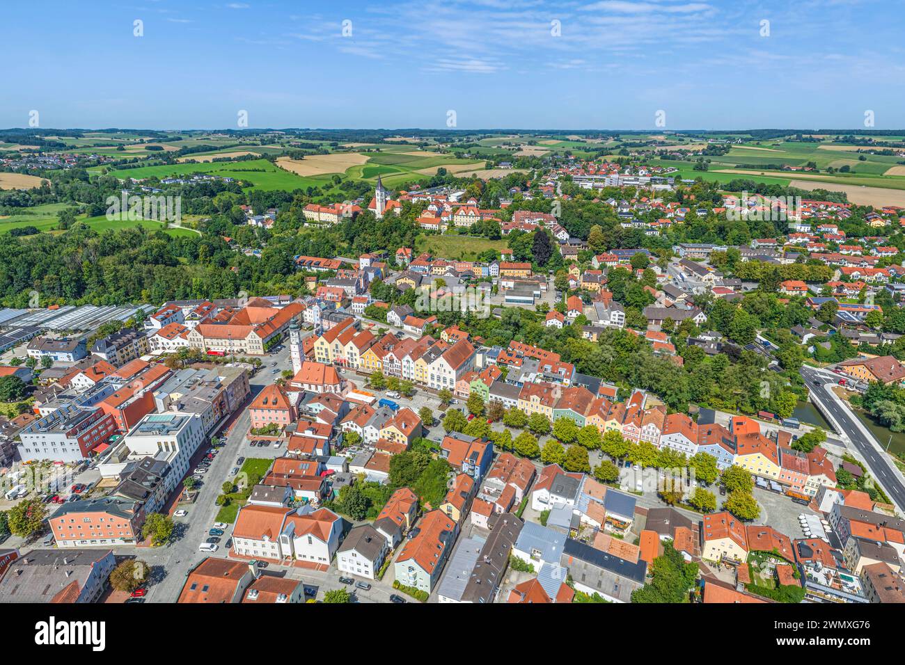 Aerial view of the town of Dorfen in the Isen valley in Upper Bavaria ...