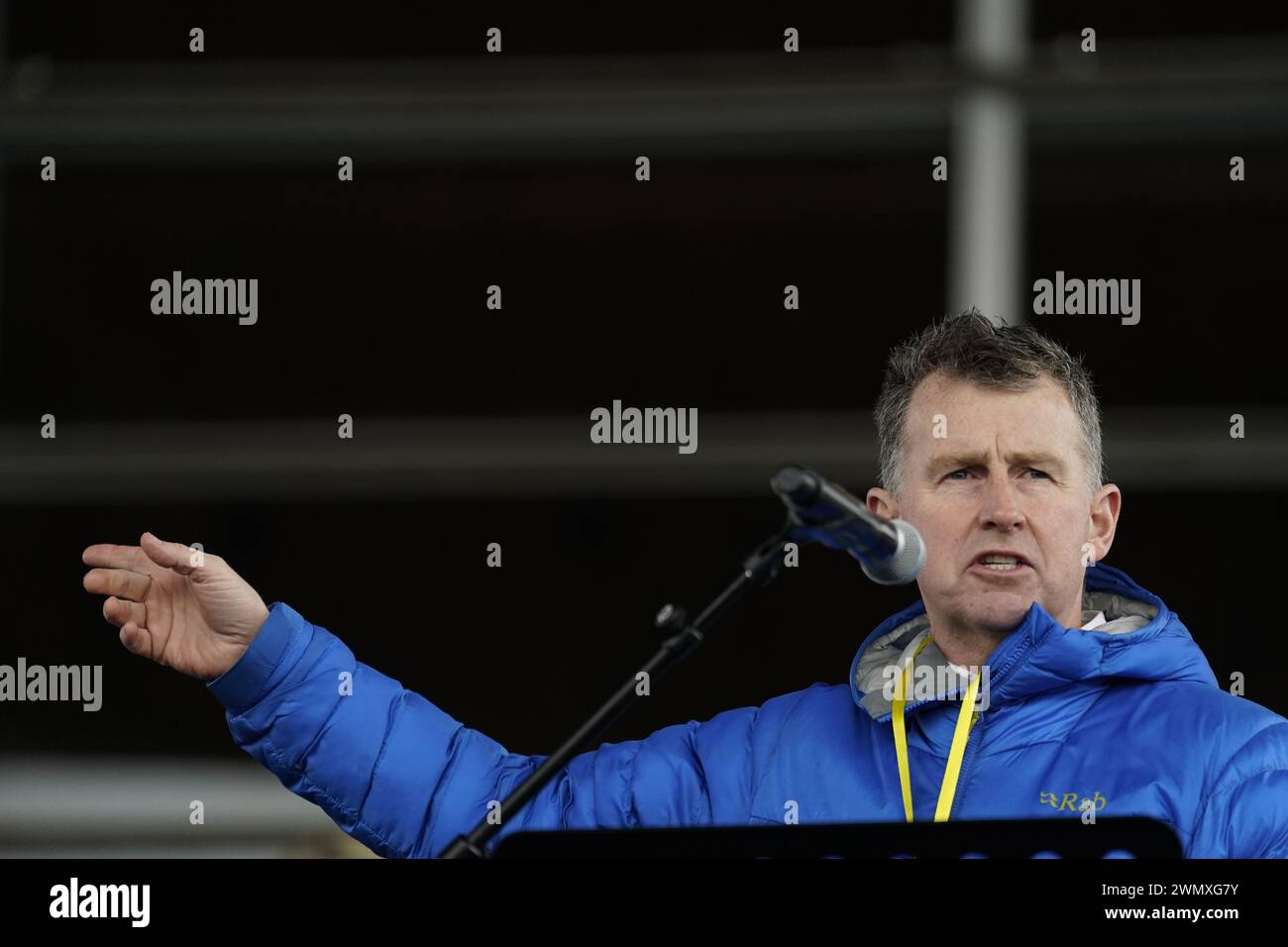 Former rugby union referee Nigel Owens addresses protesters in front of ...