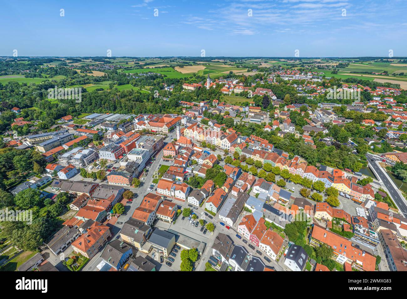 Aerial view of the town of Dorfen in the Isen valley in Upper Bavaria ...