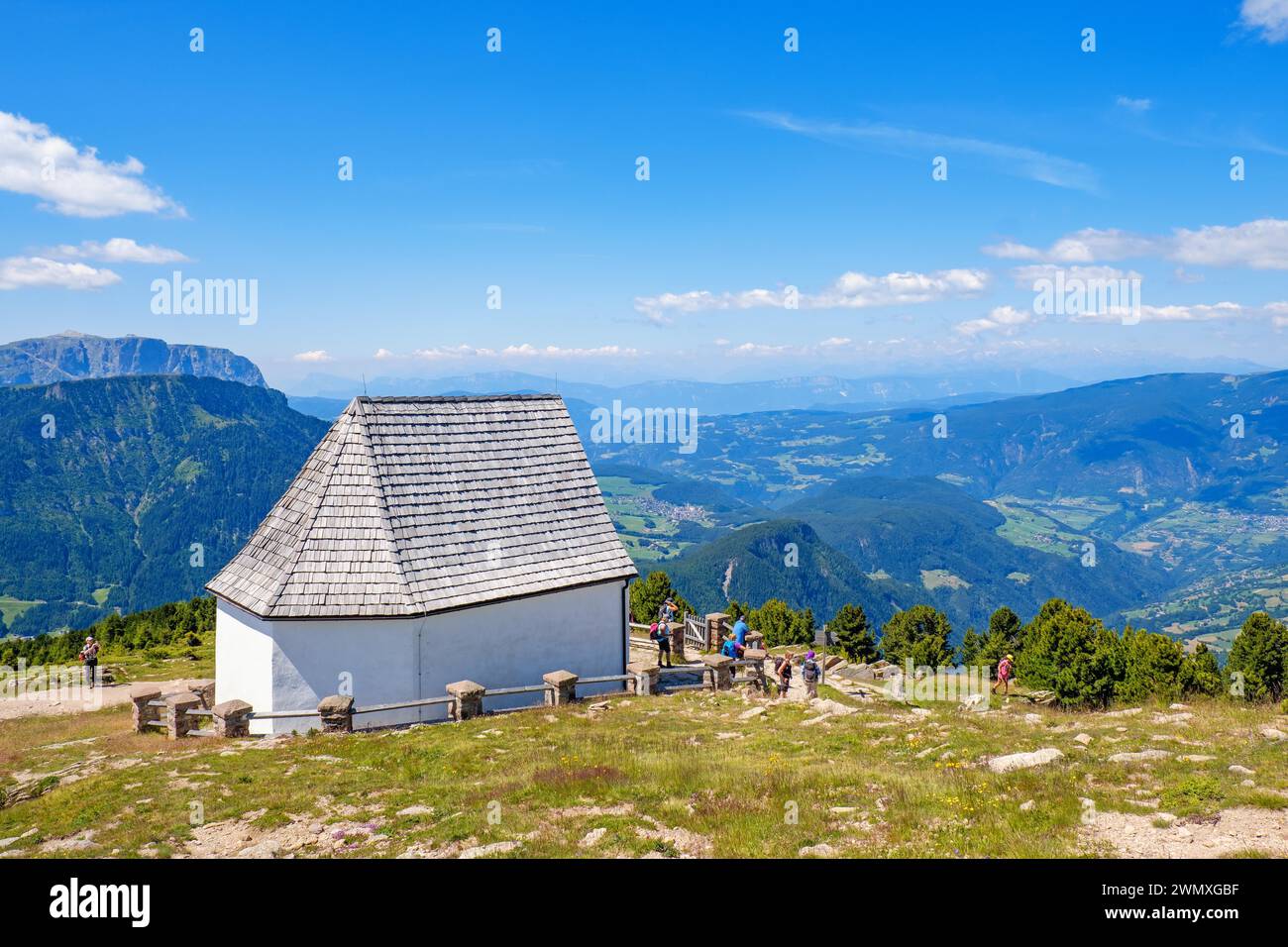 View at the dolomites alps with The Holy Cross Chapel on Rasciesa ...