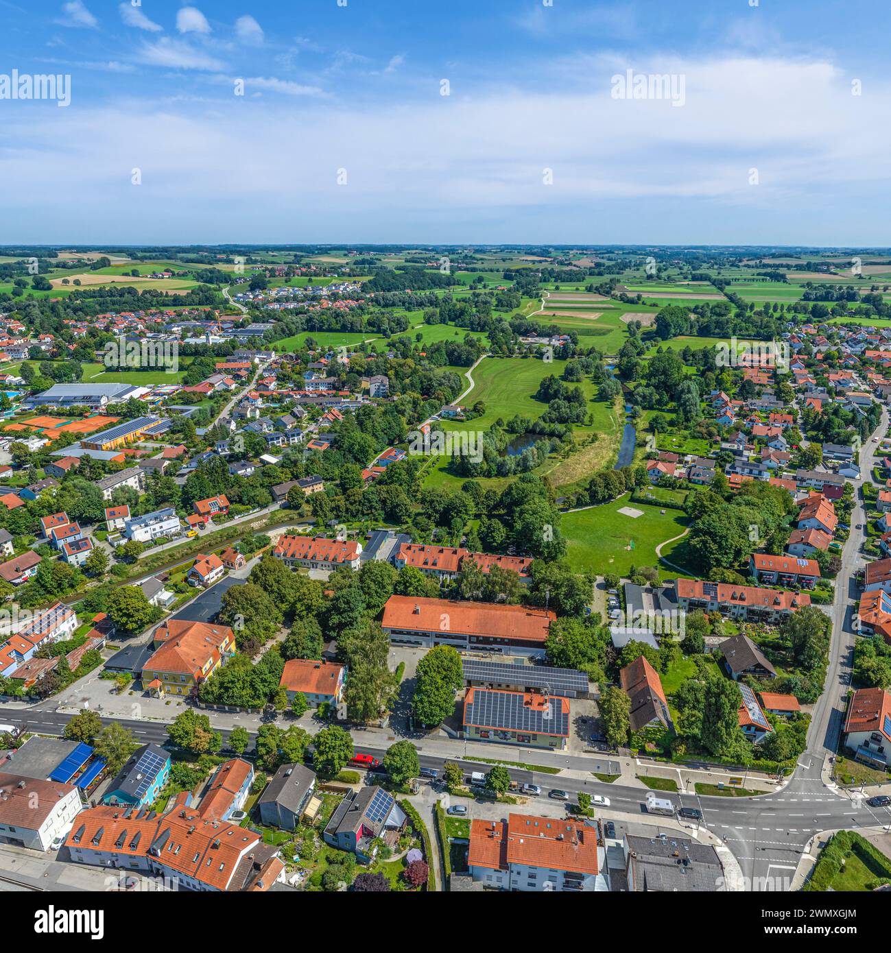 Aerial view of the town of Dorfen in the Isen valley in Upper Bavaria ...