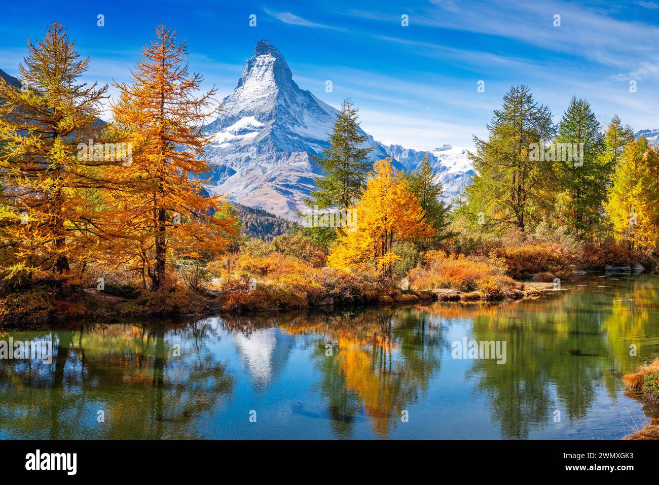 Zermatt, Switzerland at Lake Grindjisee with the Matterhorn in autumn ...
