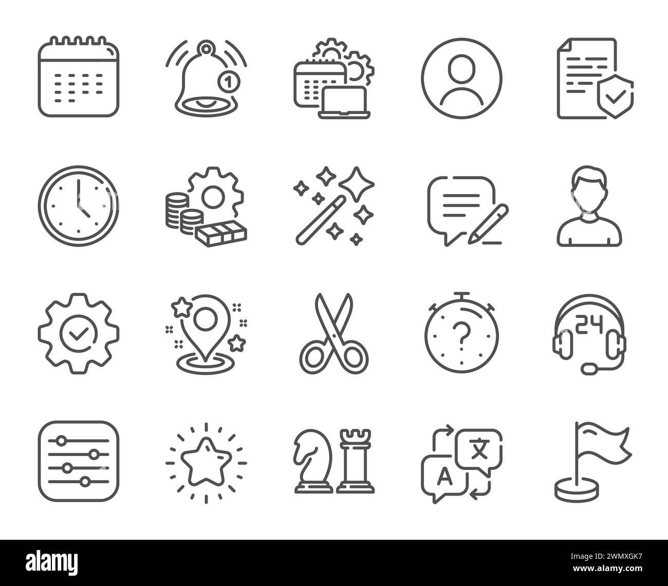 Business line icons. Language translate, Chess strategy and Notice ...