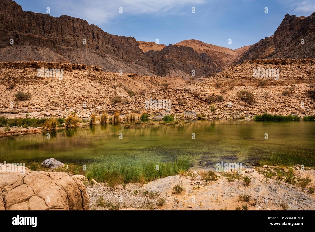 A calm lake with grasses in the foreground, surrounded by rocky ...