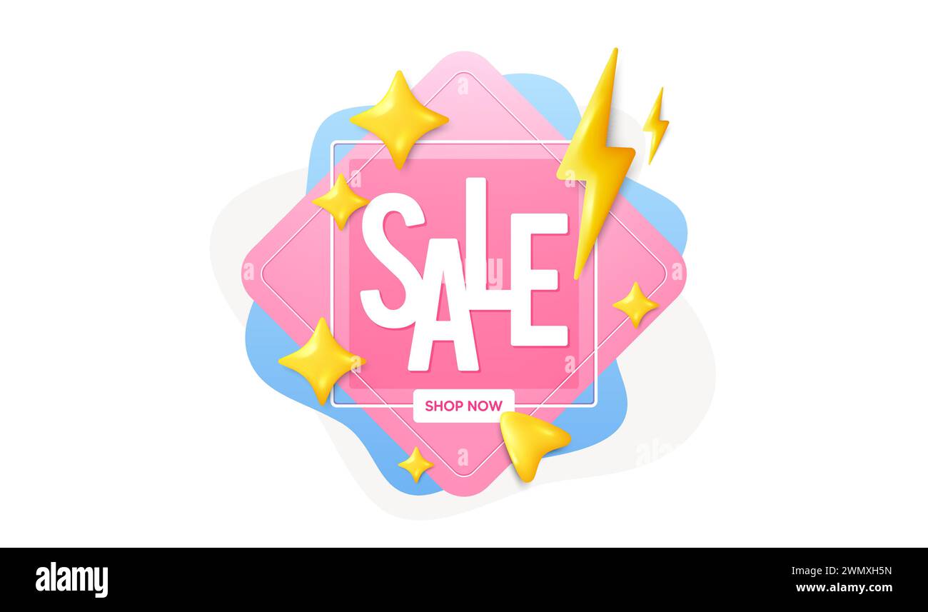 Sale banner with shop now button. Flash deal offer with 3d stars and ...